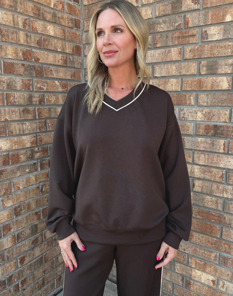 Scuba Modal V Neck Pullover w/ Piping - Brown – Hazel's Haven - Fort Smith